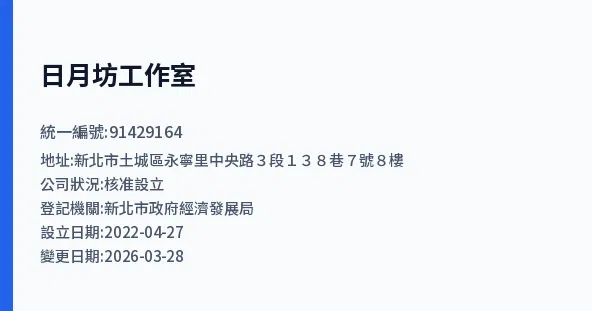 日月坊工作室的照片-統編 91429164(新北市) 公司登記資料與營業項目詳細圖表