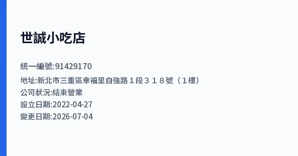 世誠小吃店的照片-統編 91429170(新北市) 公司登記資料與營業項目詳細圖表