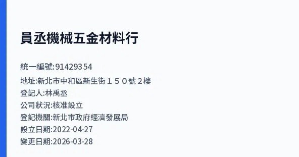 員丞機械五金材料行的照片-統編 91429354(新北市) 公司登記資料與營業項目詳細圖表