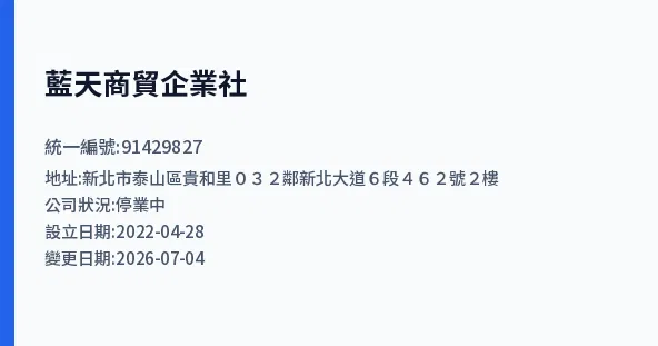 藍天商貿企業社的照片-統編 91429827(新北市) 公司登記資料與營業項目詳細圖表