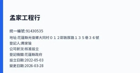 孟家工程行的照片-統編 91430535(花蓮縣) 公司登記資料與營業項目詳細圖表