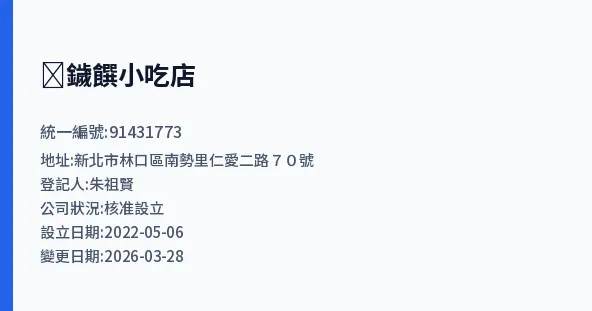 䥠鐬饌小吃店的照片-統編 91431773(新北市) 公司登記資料與營業項目詳細圖表