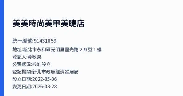 美美時尚美甲美睫店的照片-統編 91431859(新北市) 公司登記資料與營業項目詳細圖表