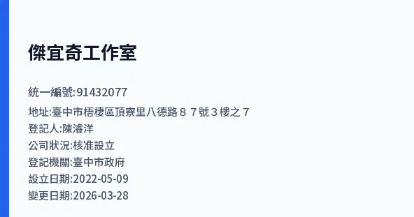 傑宜奇工作室的照片-統編 91432077(臺中市) 公司登記資料與營業項目詳細圖表