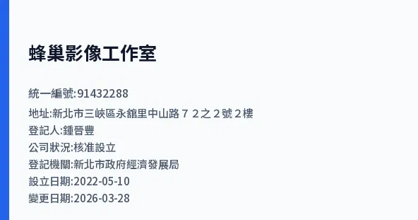 蜂巢影像工作室的照片-統編 91432288(新北市) 公司登記資料與營業項目詳細圖表