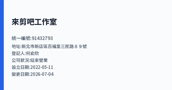來剪吧工作室的照片-統編 91432793(新北市) 公司登記資料與營業項目詳細圖表