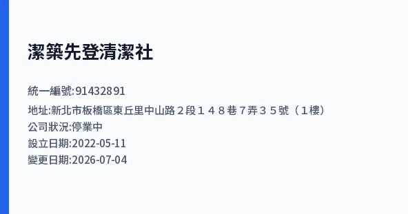 潔築先登清潔社的照片-統編 91432891(新北市) 公司登記資料與營業項目詳細圖表