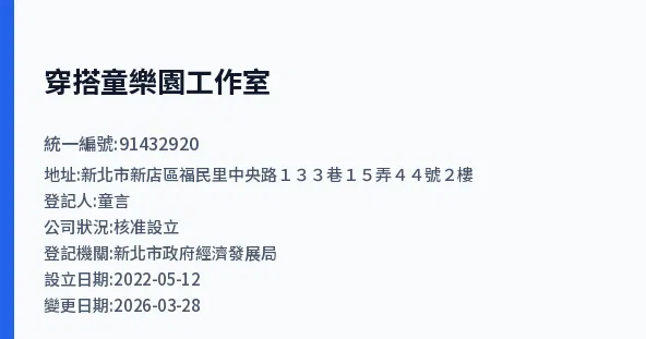 穿搭童樂園工作室的照片-統編 91432920(新北市) 公司登記資料與營業項目詳細圖表