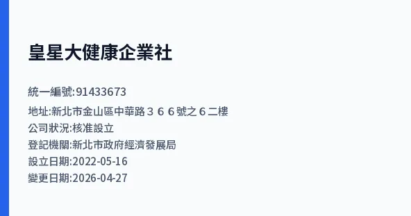 皇星大健康企業社的照片-統編 91433673(新北市) 公司登記資料與營業項目詳細圖表