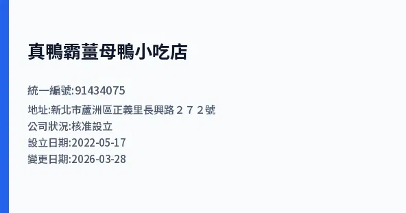 真鴨霸薑母鴨小吃店的照片-統編 91434075(新北市) 公司登記資料與營業項目詳細圖表