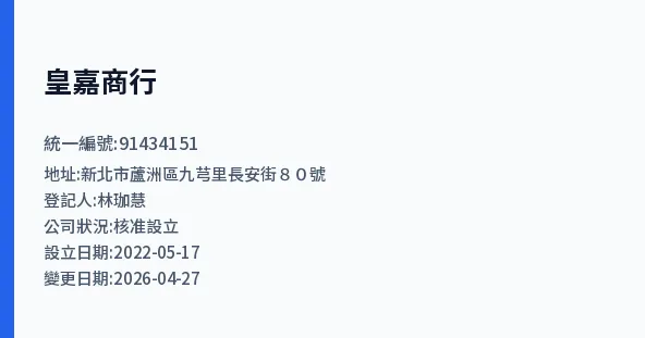 皇嘉商行的照片-統編 91434151(新北市) 公司登記資料與營業項目詳細圖表