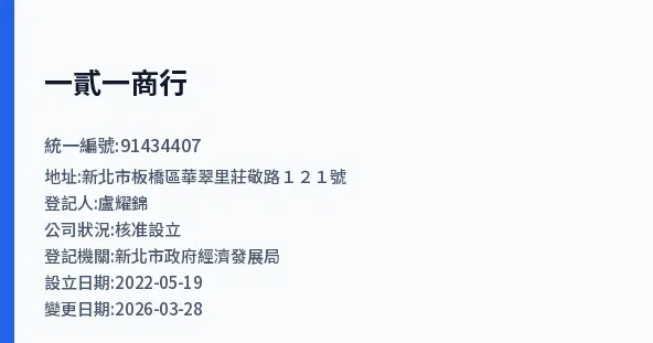 一貳一商行的照片-統編 91434407(新北市) 公司登記資料與營業項目詳細圖表