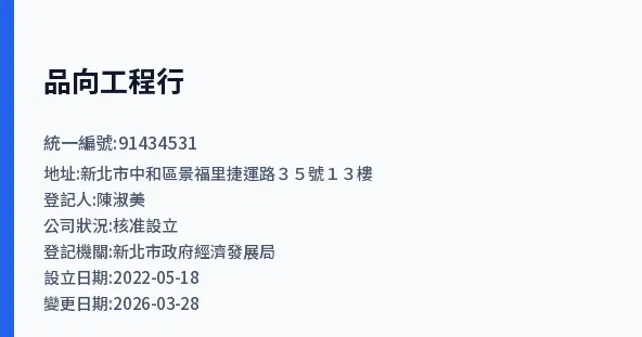 品向工程行的照片-統編 91434531(新北市) 公司登記資料與營業項目詳細圖表