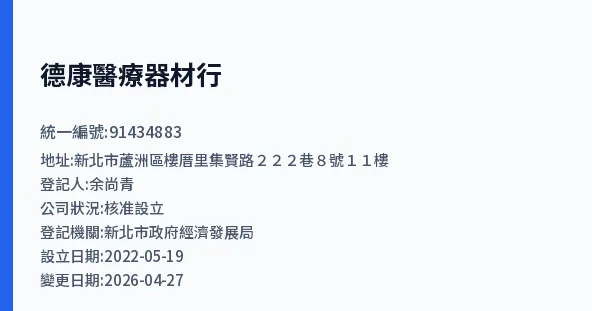 德康醫療器材行的照片-統編 91434883(新北市) 公司登記資料與營業項目詳細圖表