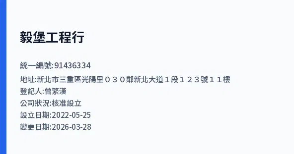 毅堡工程行的照片-統編 91436334(新北市) 公司登記資料與營業項目詳細圖表