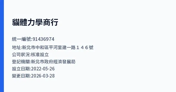 貓體力學商行的照片-統編 91436974(新北市) 公司登記資料與營業項目詳細圖表