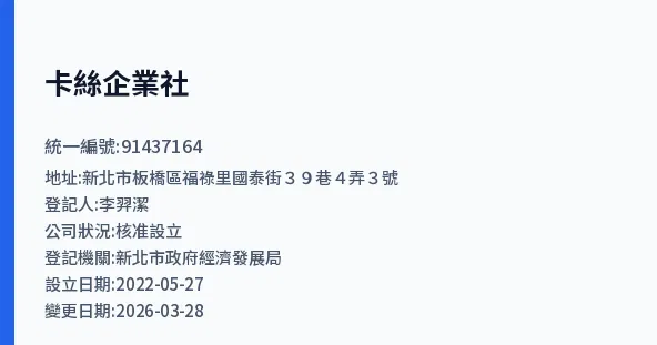卡絲企業社的照片-統編 91437164(新北市) 公司登記資料與營業項目詳細圖表