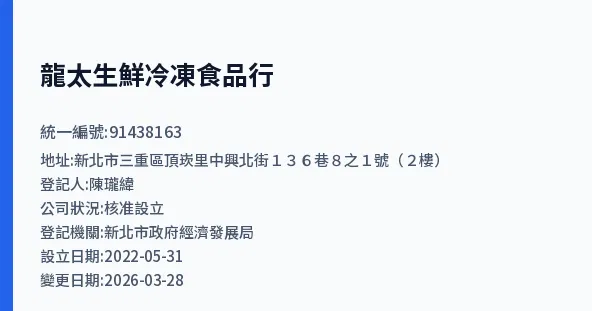 龍太生鮮冷凍食品行的照片-統編 91438163(新北市) 公司登記資料與營業項目詳細圖表