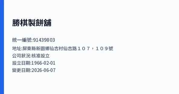 勝棋製餅舖的照片-統編 91439803(屏東縣) 公司登記資料與營業項目詳細圖表
