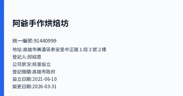 阿爺手作烘焙坊的照片-統編 91440999(高雄市) 公司登記資料與營業項目詳細圖表