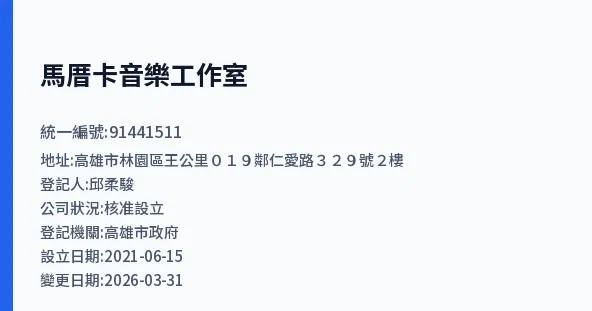 馬厝卡音樂工作室的照片-統編 91441511(高雄市) 公司登記資料與營業項目詳細圖表