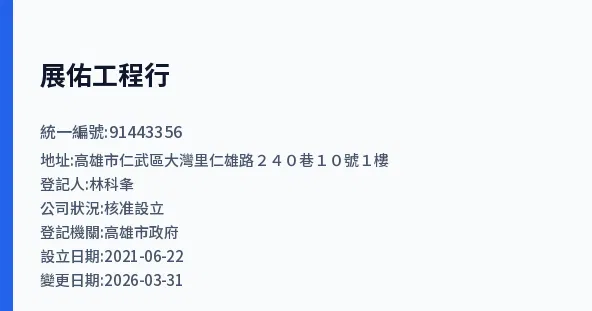 展佑工程行的照片-統編 91443356(高雄市) 公司登記資料與營業項目詳細圖表