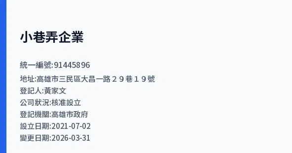 小巷弄企業的照片-統編 91445896(高雄市) 公司登記資料與營業項目詳細圖表