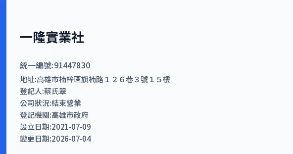 一隆實業社的照片-統編 91447830(高雄市) 公司登記資料與營業項目詳細圖表
