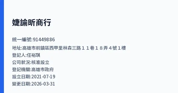 婕諭昕商行的照片-統編 91449886(高雄市) 公司登記資料與營業項目詳細圖表