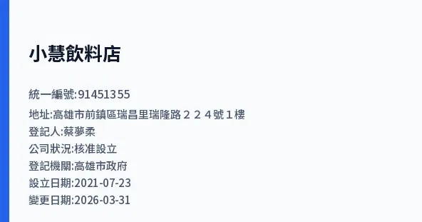 小慧飲料店的照片-統編 91451355(高雄市) 公司登記資料與營業項目詳細圖表