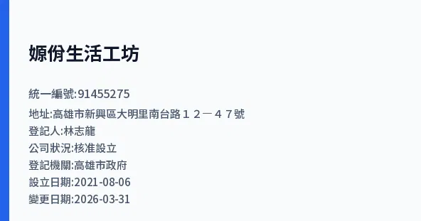 嫄佾生活工坊的照片-統編 91455275(高雄市) 公司登記資料與營業項目詳細圖表
