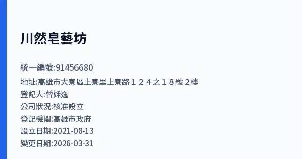 川然皂藝坊的照片-統編 91456680(高雄市) 公司登記資料與營業項目詳細圖表