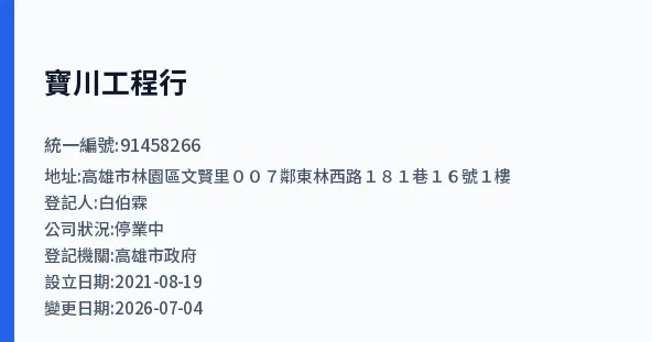 寶川工程行的照片-統編 91458266(高雄市) 公司登記資料與營業項目詳細圖表