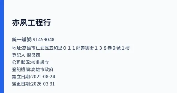 亦夙工程行的照片-統編 91459048(高雄市) 公司登記資料與營業項目詳細圖表