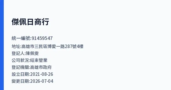 傑佩日商行的照片-統編 91459547(高雄市) 公司登記資料與營業項目詳細圖表
