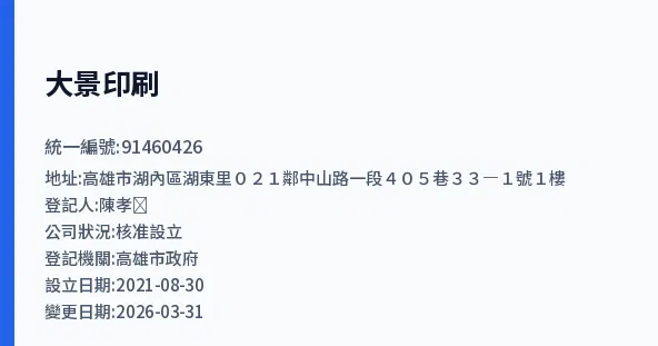 大景印刷的照片-統編 91460426(高雄市) 公司登記資料與營業項目詳細圖表