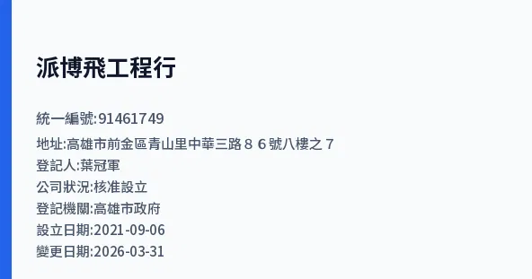 派博飛工程行的照片-統編 91461749(高雄市) 公司登記資料與營業項目詳細圖表