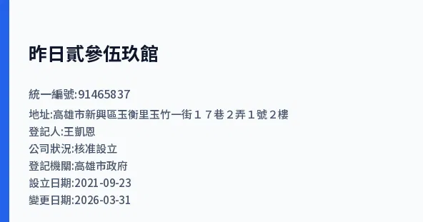 昨日貳參伍玖館的照片-統編 91465837(高雄市) 公司登記資料與營業項目詳細圖表