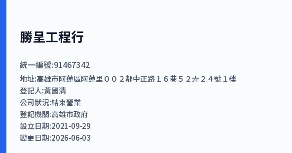 勝呈工程行的照片-統編 91467342(高雄市) 公司登記資料與營業項目詳細圖表