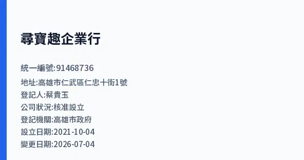 尋寶趣企業行的照片-統編 91468736(高雄市) 公司登記資料與營業項目詳細圖表
