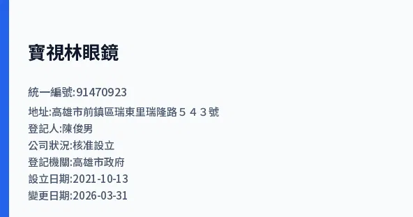 寶視林眼鏡的照片-統編 91470923(高雄市) 公司登記資料與營業項目詳細圖表
