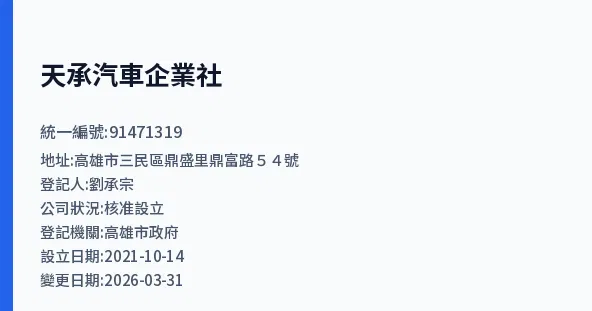天承汽車企業社的照片-統編 91471319(高雄市) 公司登記資料與營業項目詳細圖表