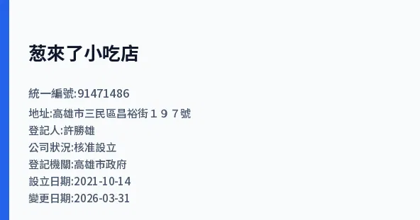 葱來了小吃店的照片-統編 91471486(高雄市) 公司登記資料與營業項目詳細圖表