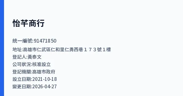 怡芊商行的照片-統編 91471850(高雄市) 公司登記資料與營業項目詳細圖表