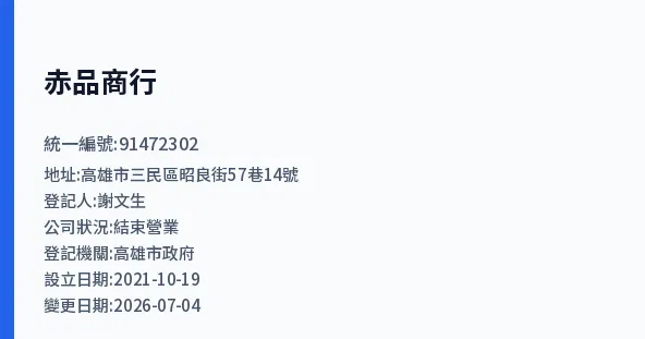 赤品商行的照片-統編 91472302(高雄市) 公司登記資料與營業項目詳細圖表