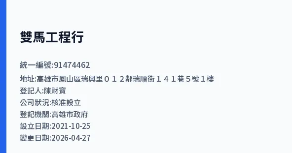 雙馬工程行的照片-統編 91474462(高雄市) 公司登記資料與營業項目詳細圖表