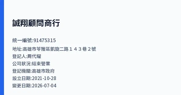 誠翔顧問商行的照片-統編 91475315(高雄市) 公司登記資料與營業項目詳細圖表