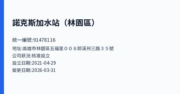 諾克斯加水站(林園區)的照片-統編 91478116(高雄市) 公司登記資料與營業項目詳細圖表