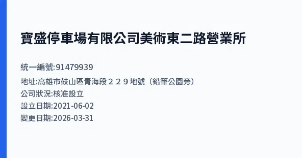 寶盛停車場有限公司美術東二路營業所的照片-統編 91479939(高雄市) 公司登記資料與營業項目詳細圖表