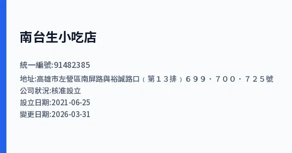 南台生小吃店的照片-統編 91482385(高雄市) 公司登記資料與營業項目詳細圖表